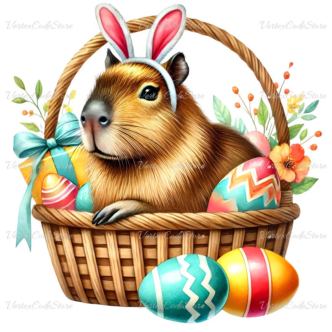 Transparent Cute Easter Capybara PNG Capybara in Basket Watercolor Clip ...