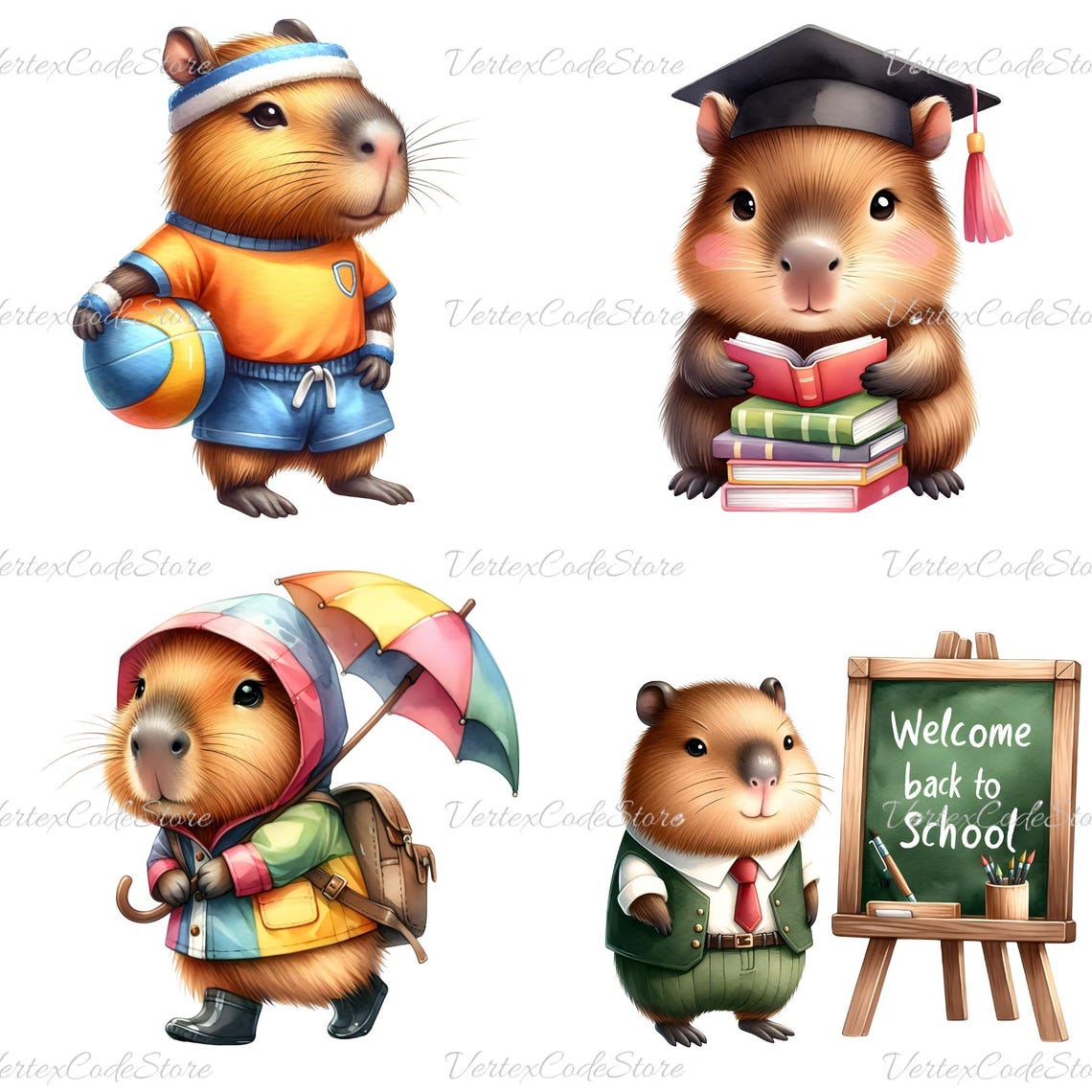 Capybara Back to School Clipart Watercolor Capybara Student PNG Cute ...