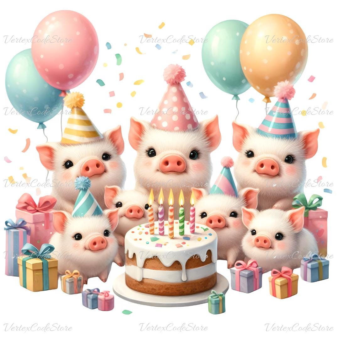 Watercolor Birthday Pig Clipart Cute Piggies With Party Hats, Balloons ...