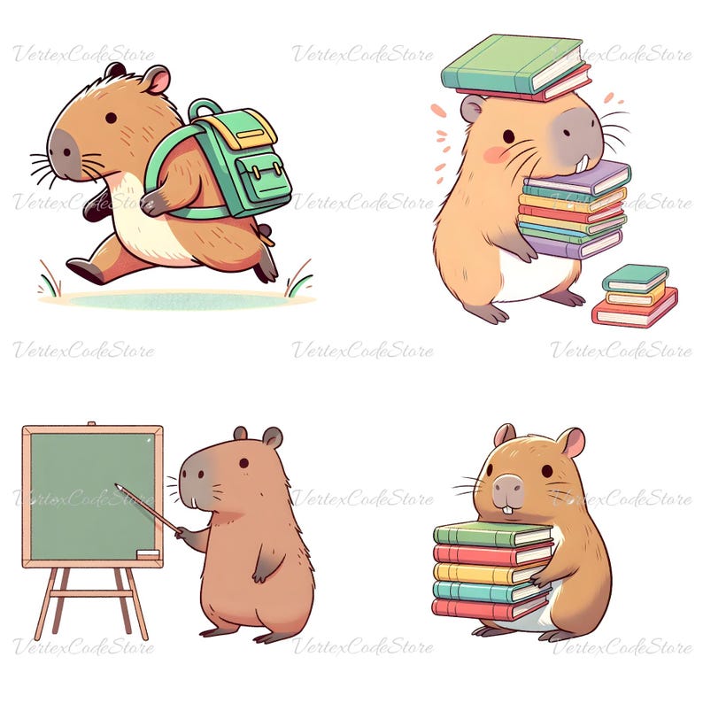 Kawaii Capybara School Clipart Bundle Cute Animal Back to School PNG ...