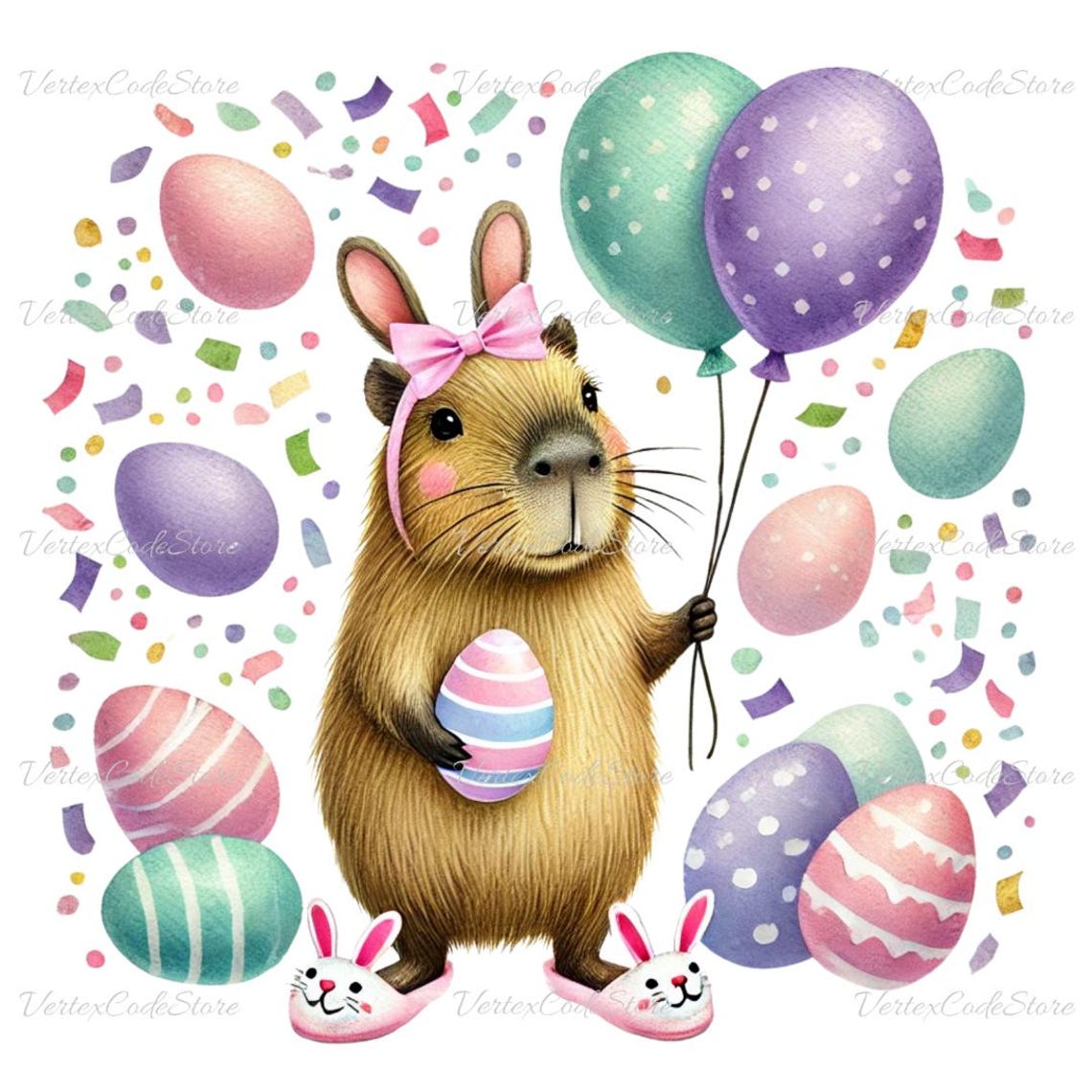 Funny Easter Capybara Watercolor Clipart, Kawaii Capybara With Bunny ...