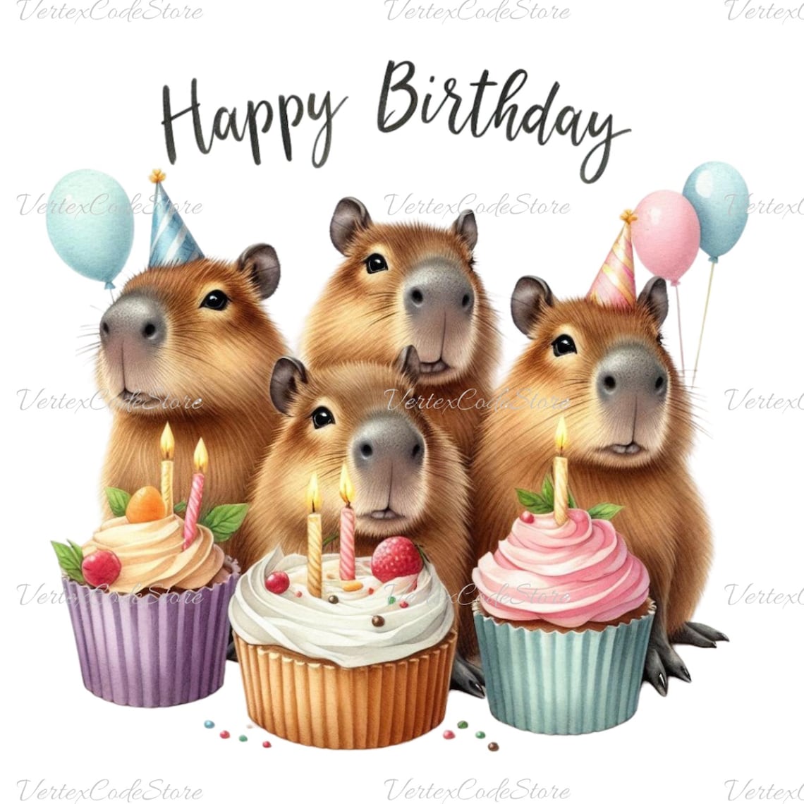 Capybara Birthday Clipart Watercolor Capy Cupcake Balloons PNG Cute ...