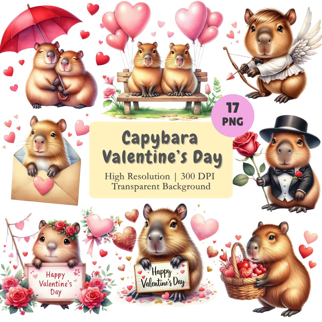 Cute Capybara Valentine's Day Clipart Bundle, Kawaii Animal Romantic ...