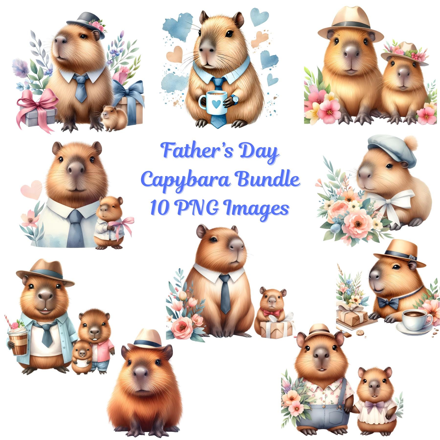 Father's Day Capybara 10 PNG Clipart Bundle, Transparent Watercolor ...
