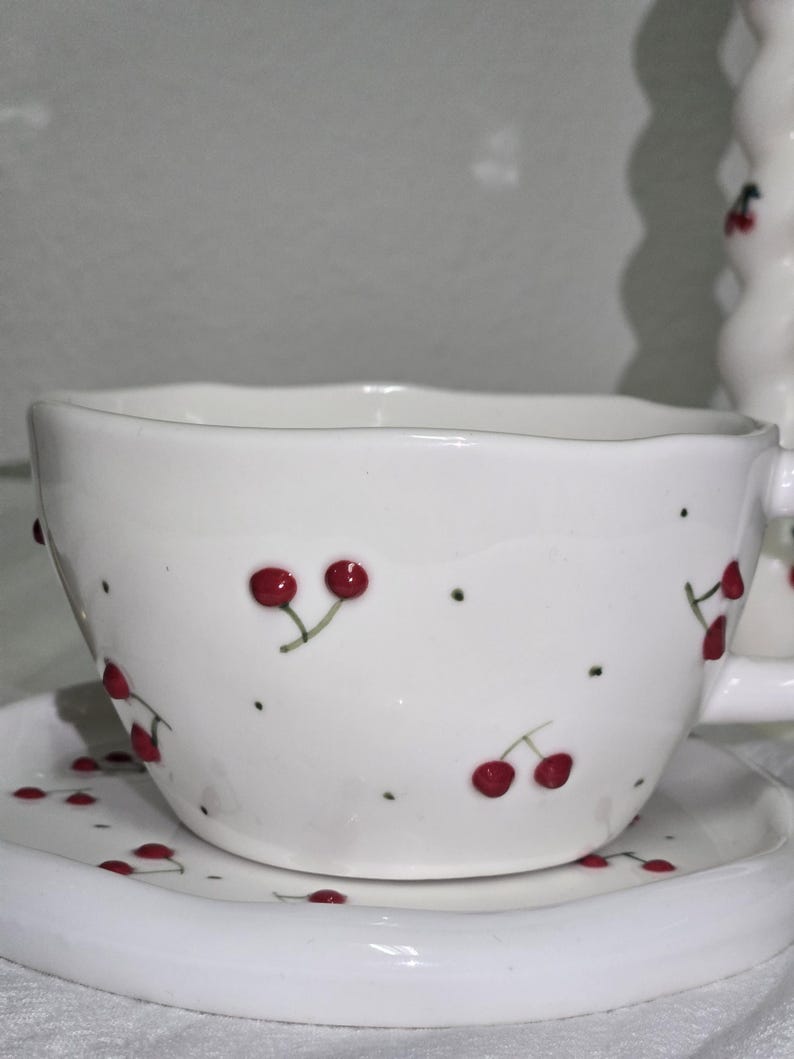 Hand Made 3D Cherry Tea Cup With a Sauser | Ceramic Coffee Cup and ...