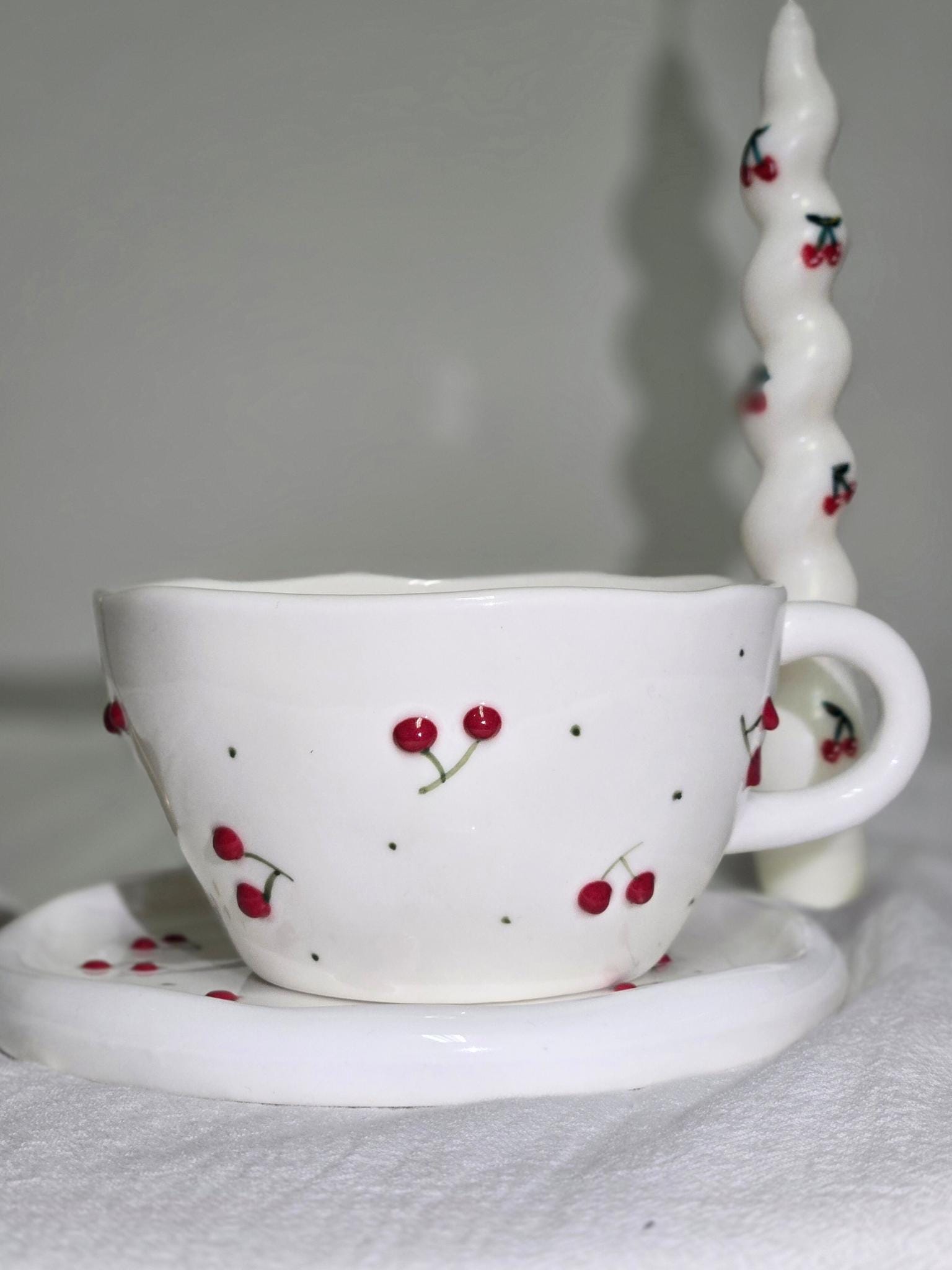 Hand Made 3D Cherry Tea Cup With a Sauser | Ceramic Coffee Cup and ...