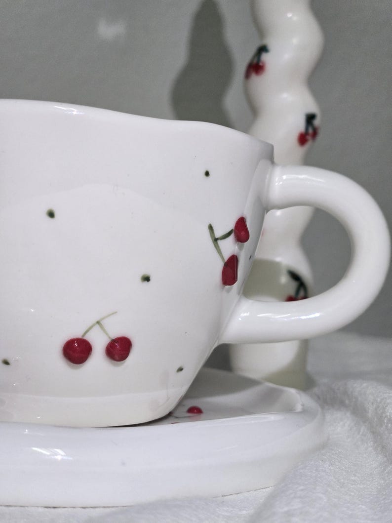 Hand Made 3D Cherry Tea Cup With a Sauser | Ceramic Coffee Cup and ...