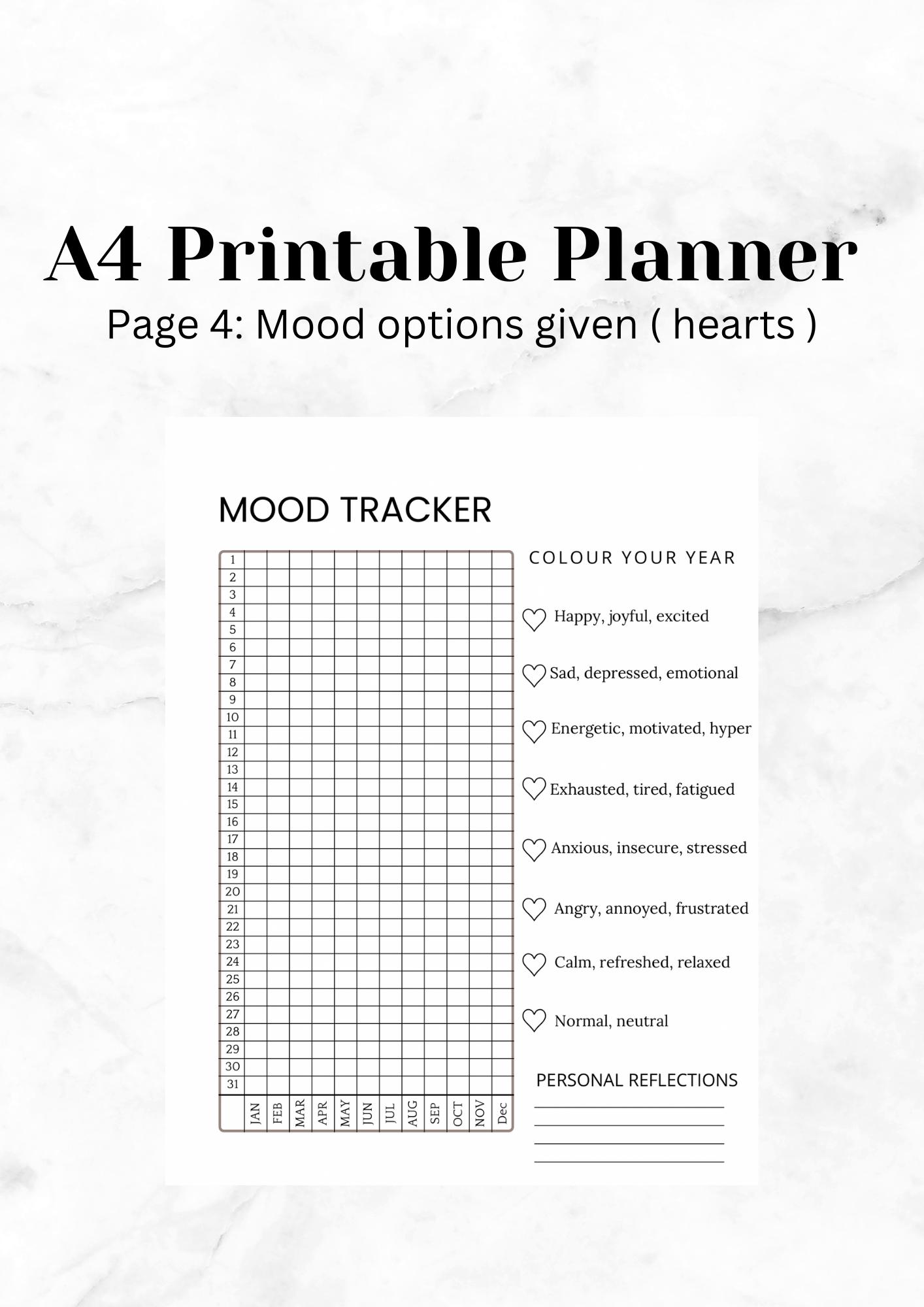 Yearly Mood Tracker Printable Planner Digital Journal for Mental Health ...