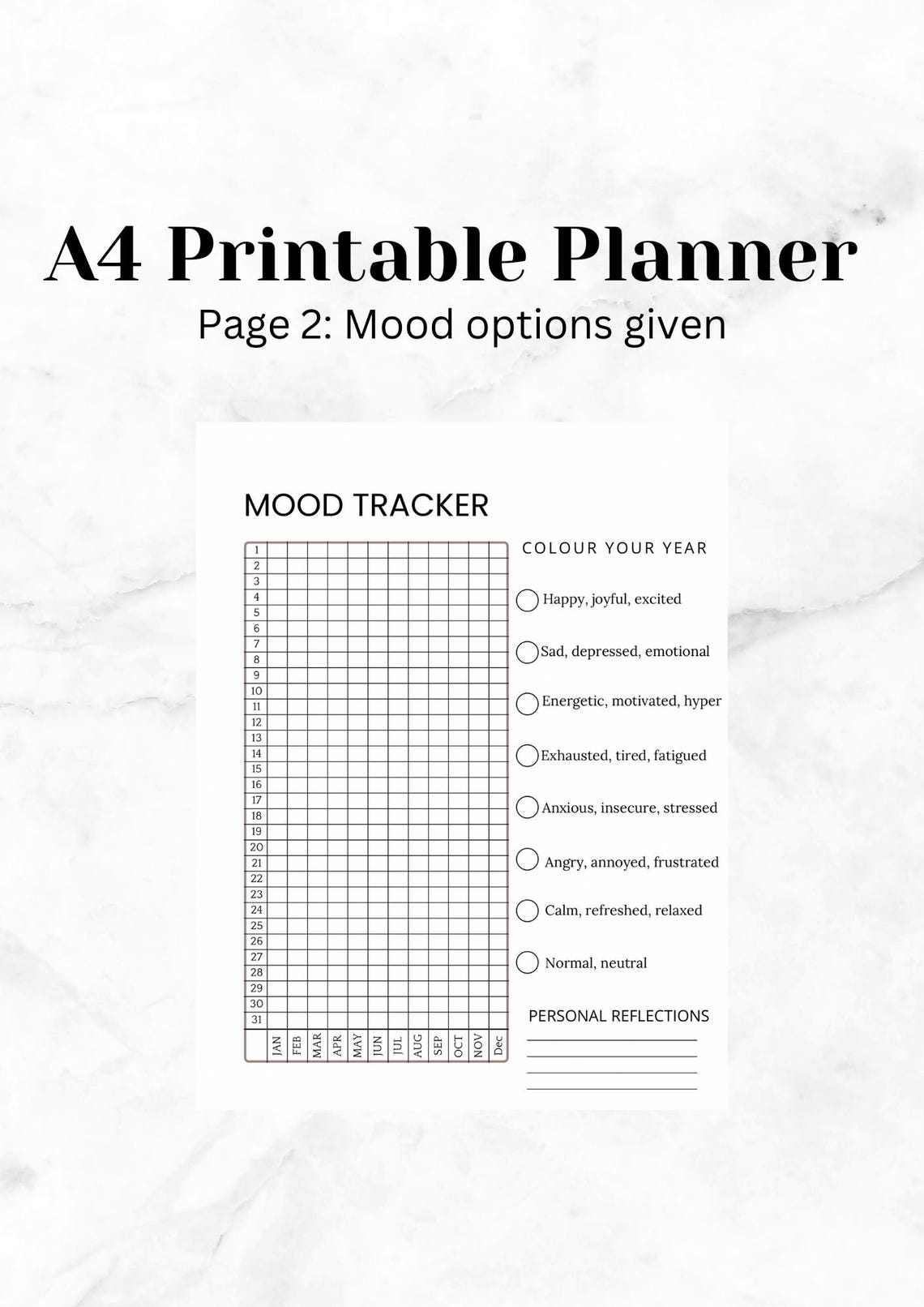 Yearly Mood Tracker Printable Planner Digital Journal for Mental Health ...