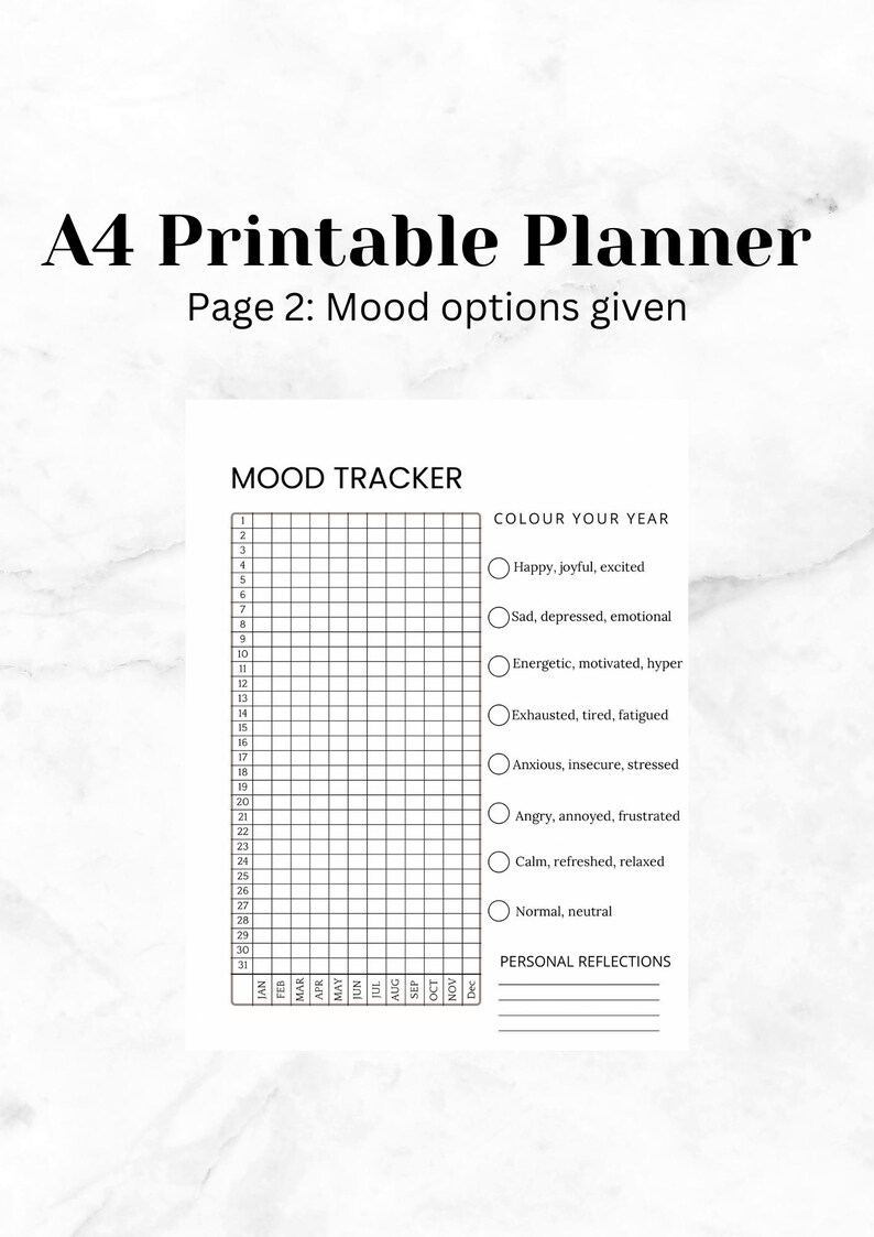 Yearly Mood Tracker Printable Planner Digital Journal for Mental Health ...