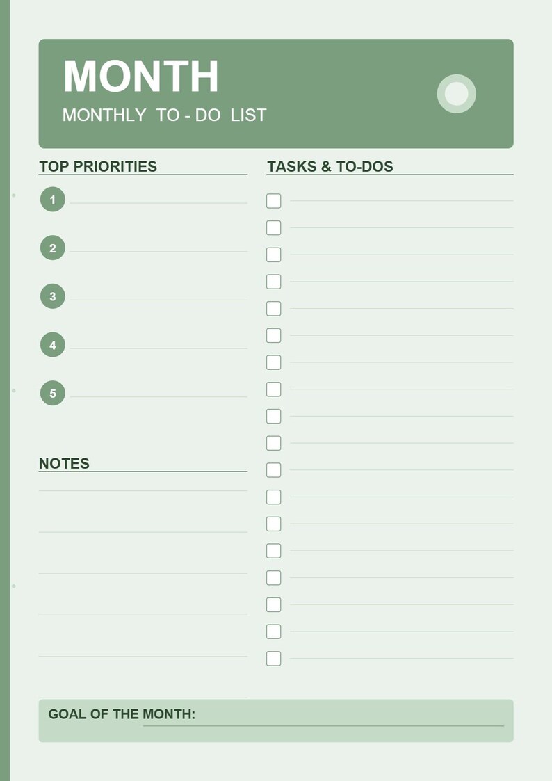 Monthly To-do List Printable PDF | Undated Planner Insert | 6 Colors ...