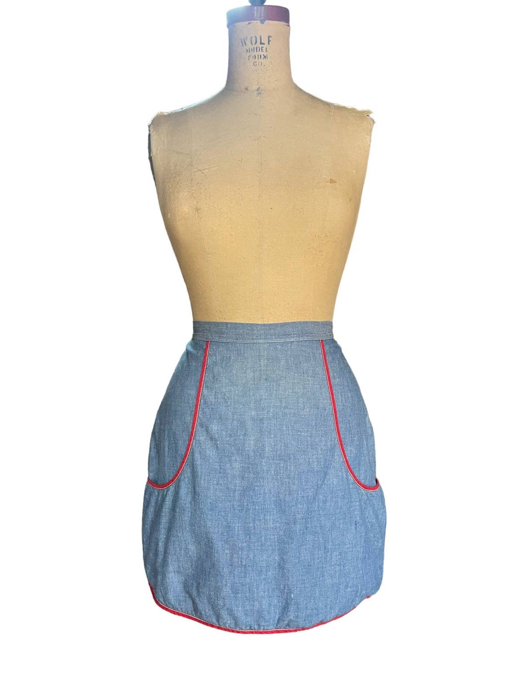 Vintage Womens Half Apron Blue Red Trim Tie Waist Retro Style One Size ...