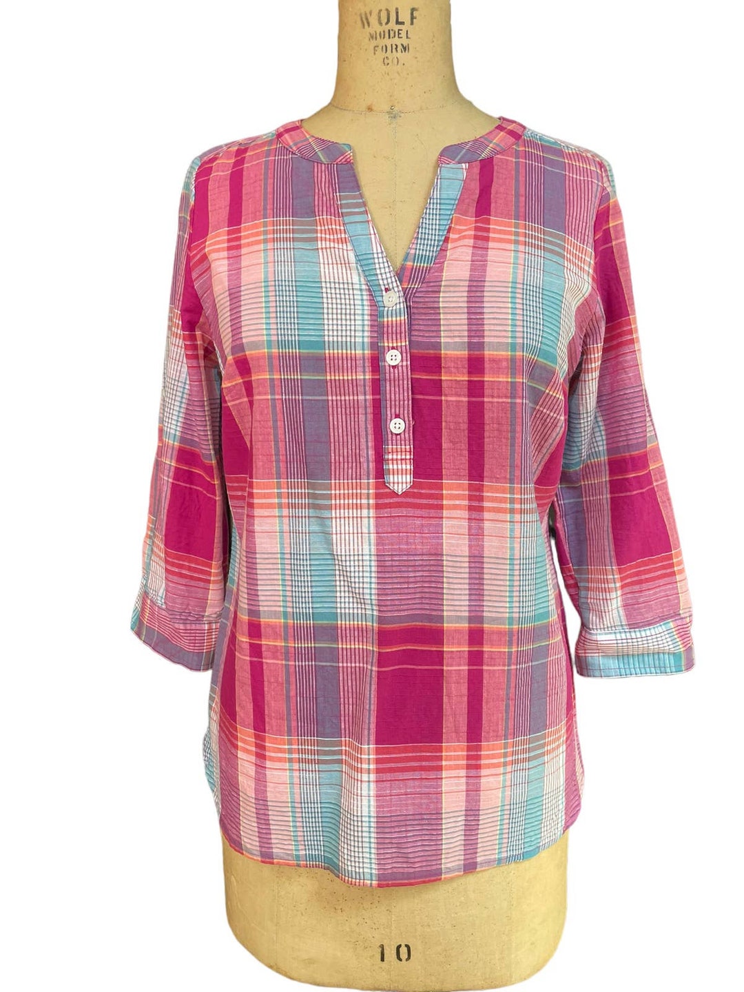 Croft & Barrow Womens Tunic Top Multicolor Button Front Roll Tab 3/4 ...