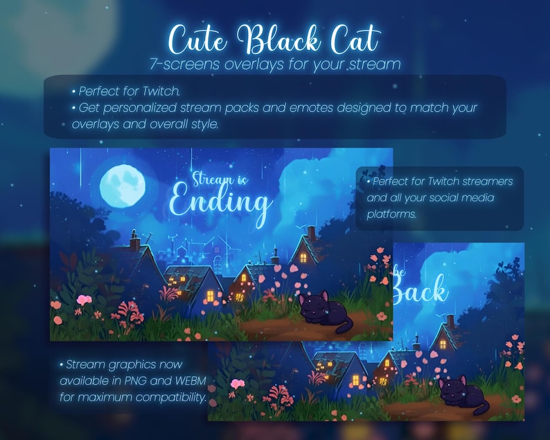 Animated Cute Night Kitten Twitch Screens, Cat Stream Overlays Starting ...