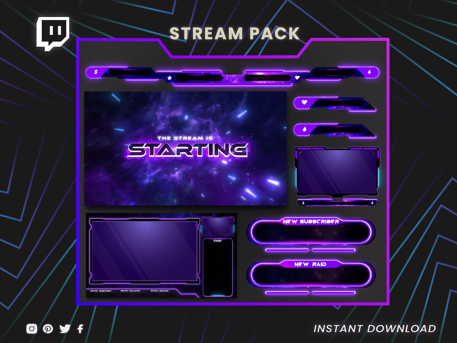 Twitch Stream Pack – Neon Purple Animated Overlays, Screens & Panels ...