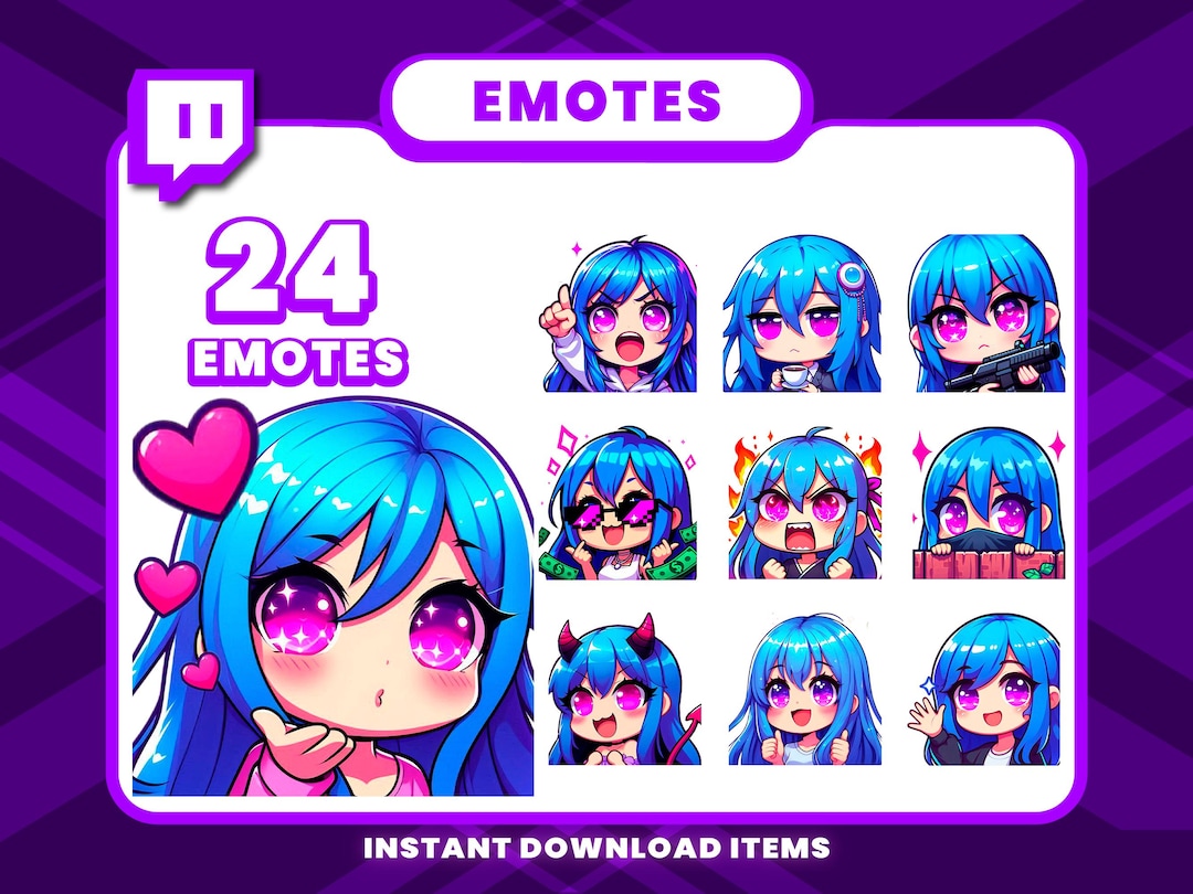 24 Cute Blue Girl Emote Pack, High-resolution Twitch Emotes, Discord ...