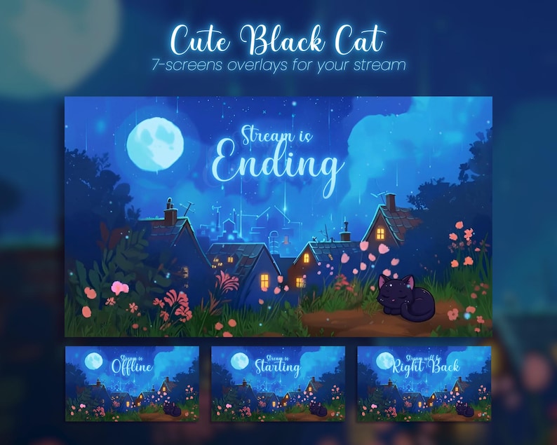 Animated Cute Night Kitten Twitch Screens, Cat Stream Overlays Starting ...