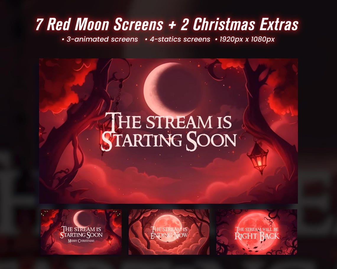 Animated Red Moon Twitch Screens + 2 Christmas Extras | Dark Fantasy ...