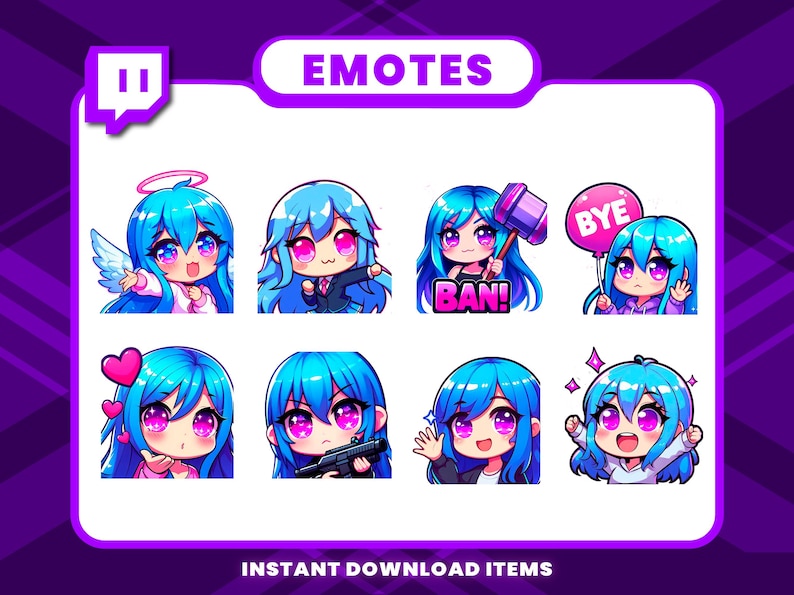 24 Cute Blue Girl Emote Pack, High-resolution Twitch Emotes, Discord ...