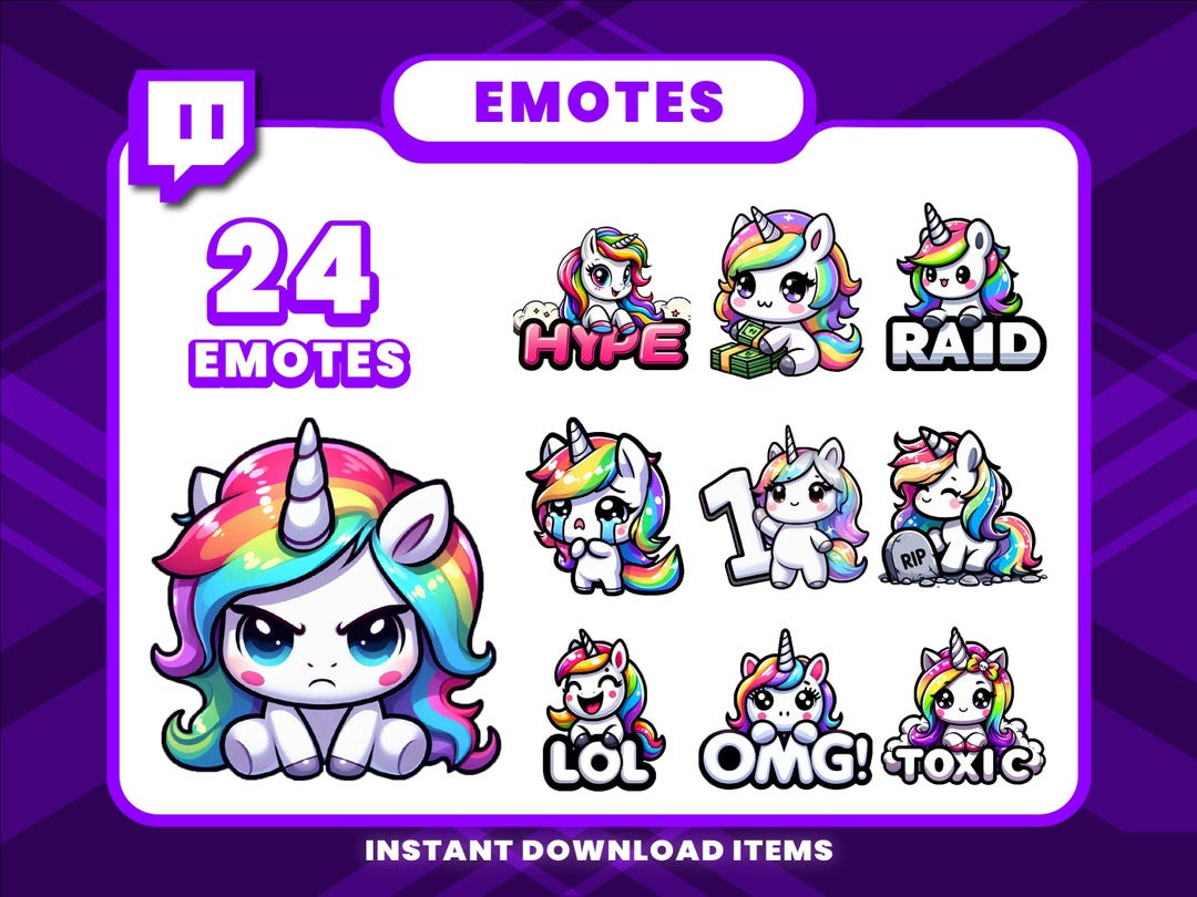 24 Cute Unicorn Emote Pack, High-resolution Twitch Emotes, Discord ...