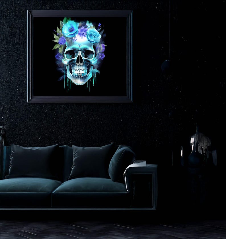 Botanical Skull | Gothic Floral Wall Art | Blue & Purple Digital Print ...