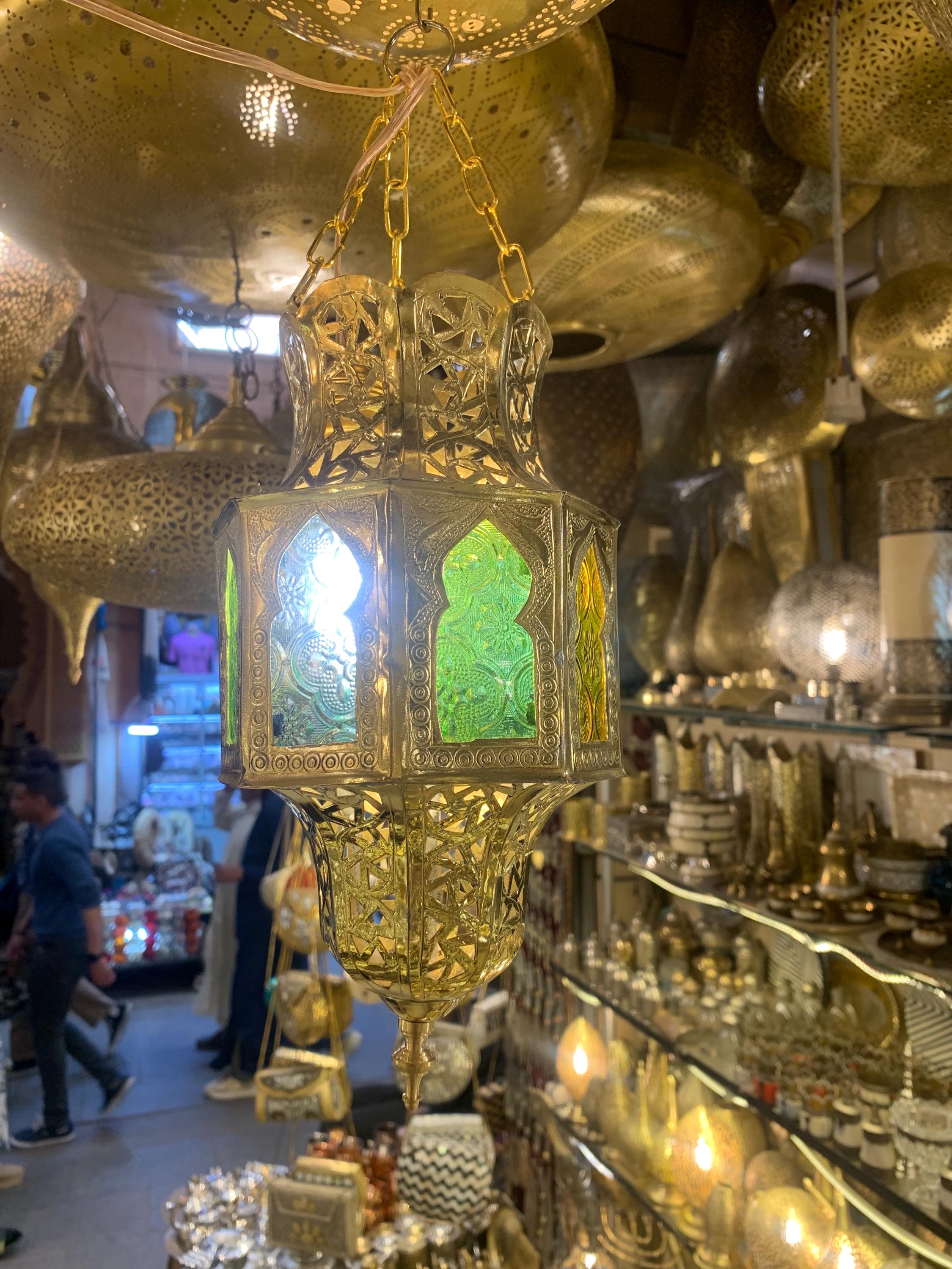 Moroccan Hanging Lantern - Colored Glass, Antique Gold Ceiling Pendant ...