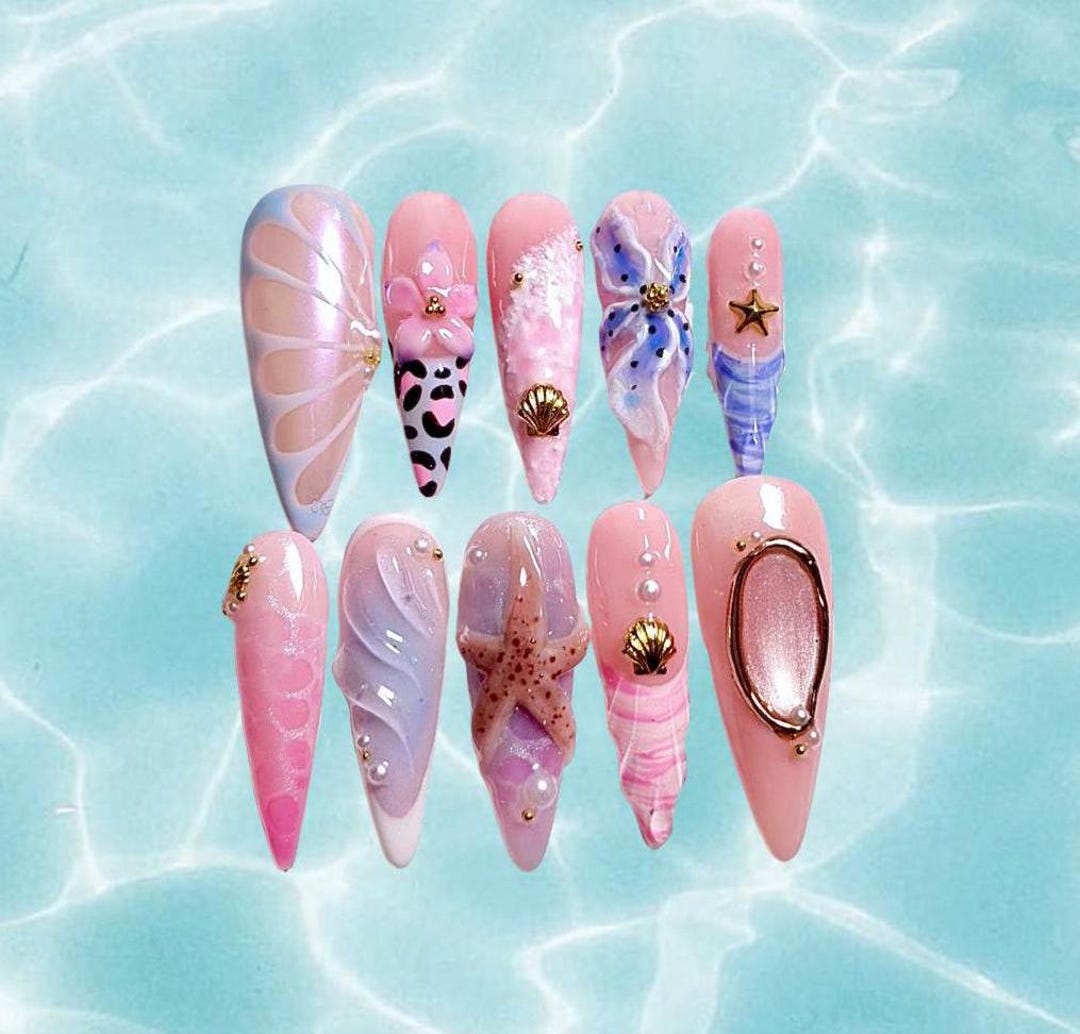 Tropical Blue & Pink Beach Waves 3D Press-on Nails | Seashells ...