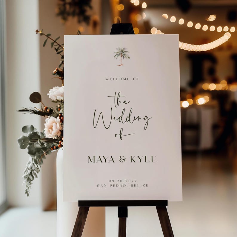 Tropical Palm Tree Wedding Welcome Sign Template, Beach Reception Decor ...