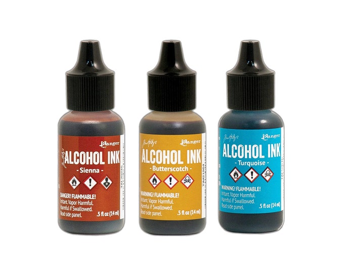 Ranger, Tim Holtz, Alcohol Ink, .5oz Bottles, 3 Inks, Sienna Brown, Butterscotch, Turquoise Blue ...