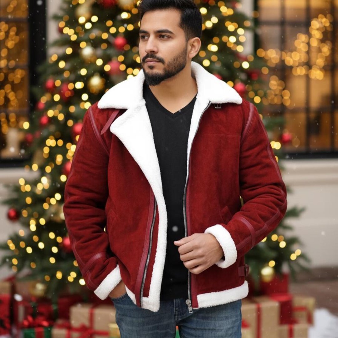 Men's Red Shearling Jacket | Ryan Reynolds Spirited Christmas Coat ...