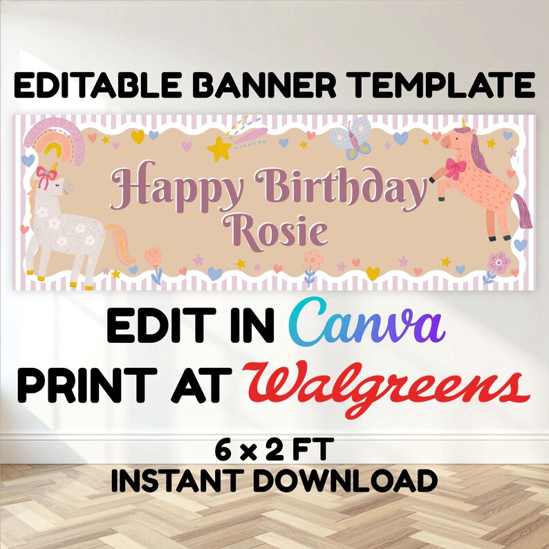 Unicorn Birthday Banner, Custom Party Sign, Printable Editable Canva ...