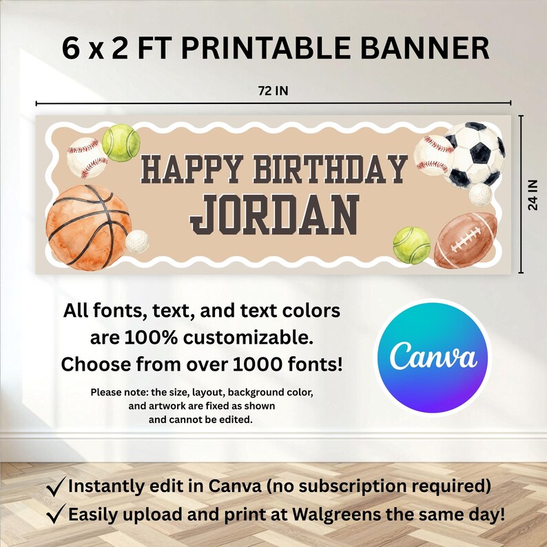 Sports Birthday Banner, Custom Party Sign, Editable Canva Template ...