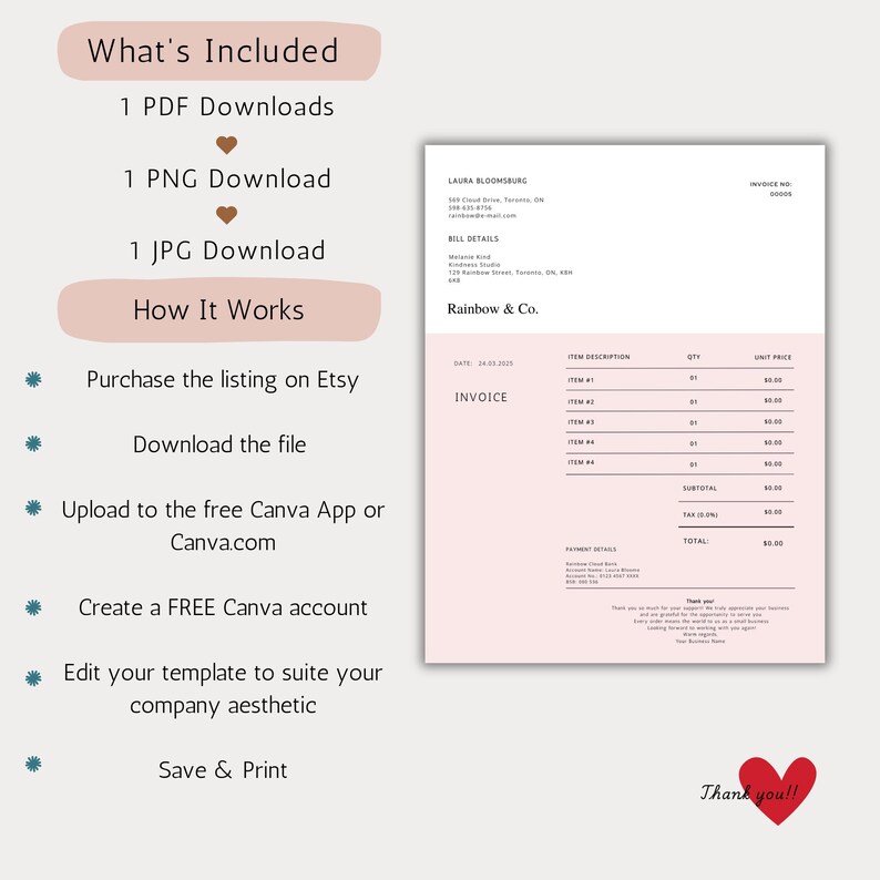 Canva Invoice Template - Editable Receipt for Etsy Sellers and Small ...