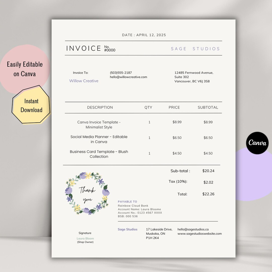 Floral Canva Invoice Template: Customizable Small Business Invoice ...