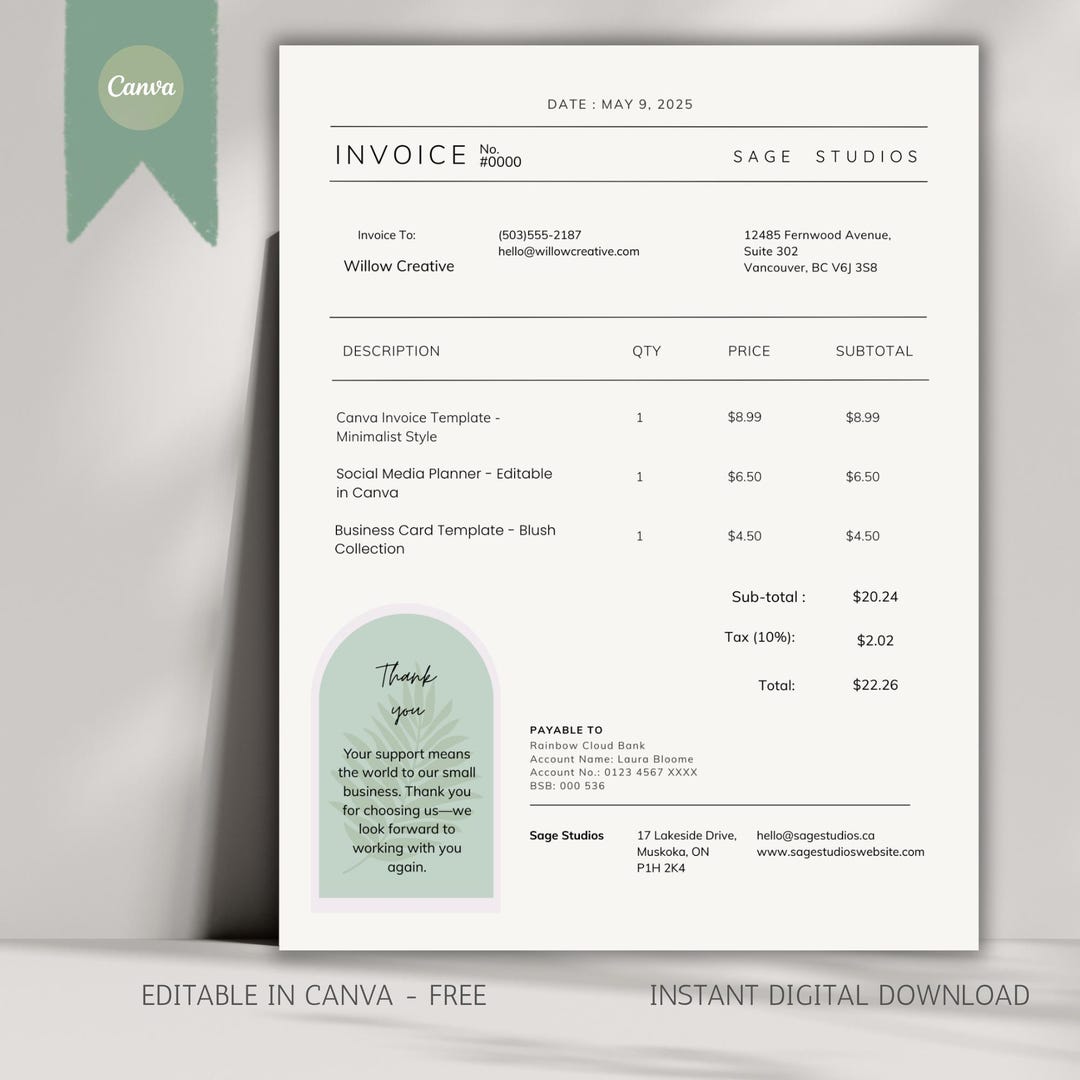 Minimalist Invoice Template | Editable Canva File | Digital Download ...