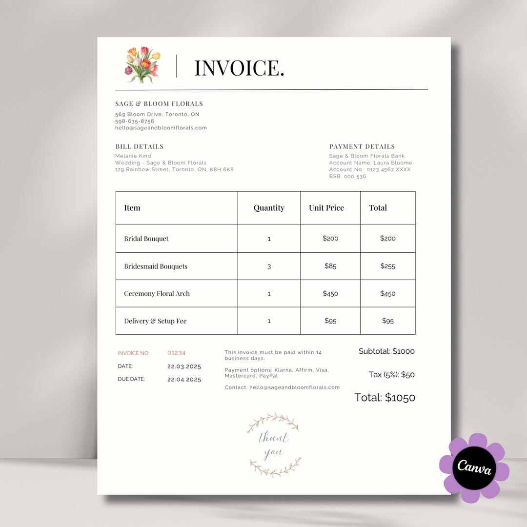 Florist Invoice Template | Customizable Canva Receipt and Billing Sheet ...