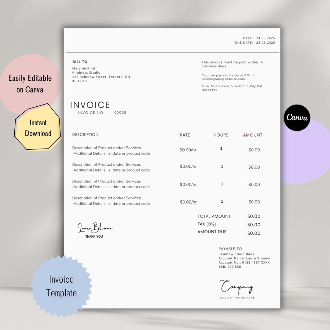 Printable Invoice Template for Canva - Editable Receipt for Etsy ...