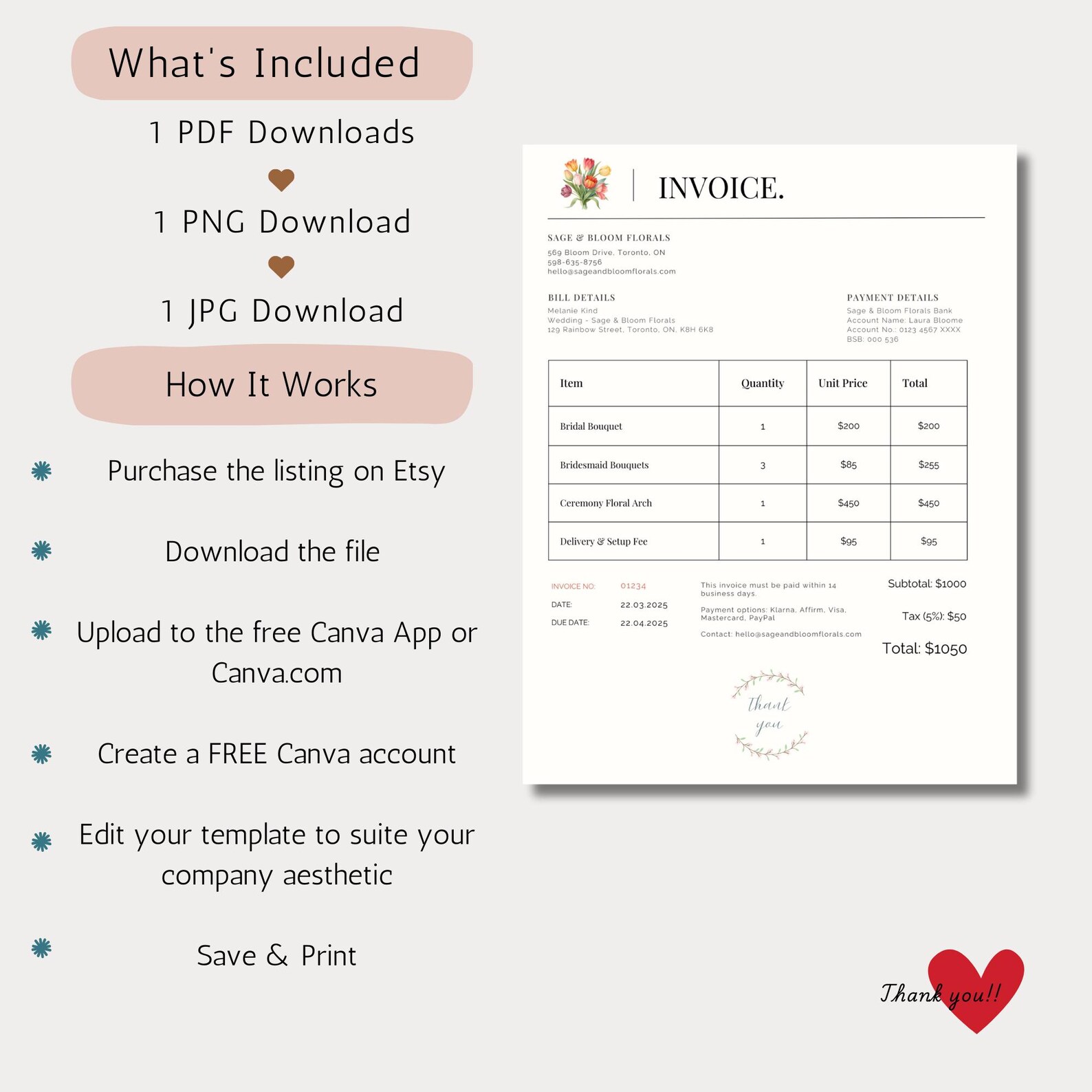 Florist Invoice Template | Customizable Canva Receipt and Billing Sheet ...