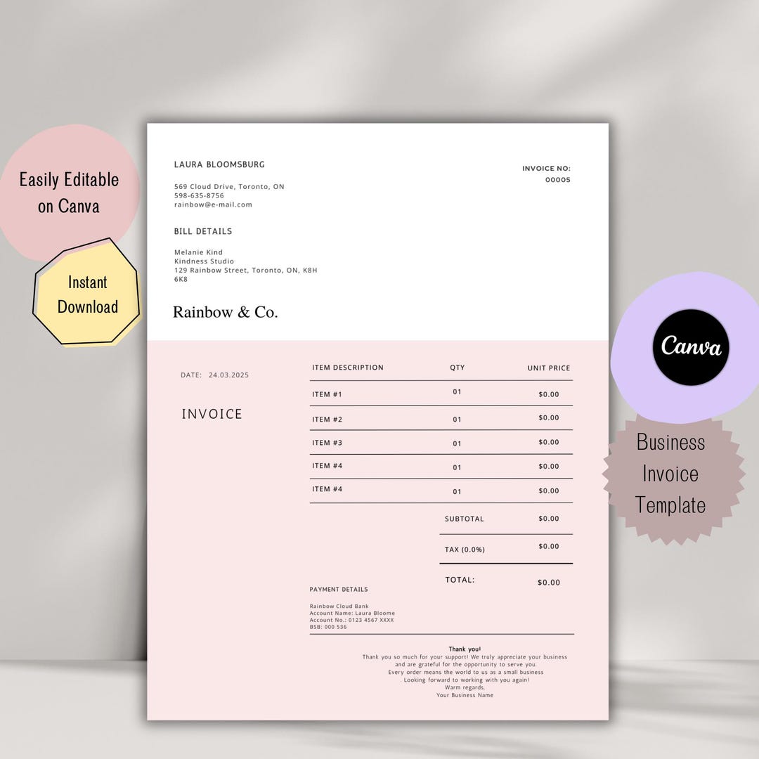 Canva Invoice Template - Editable Receipt for Etsy Sellers and Small ...