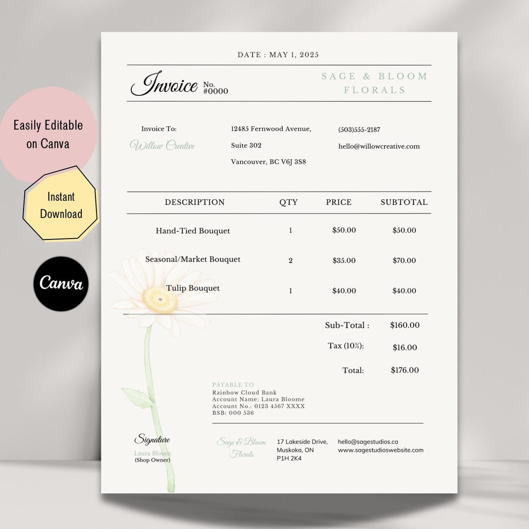 Florist Invoice Template for Small Business | Editable Canva Invoice ...