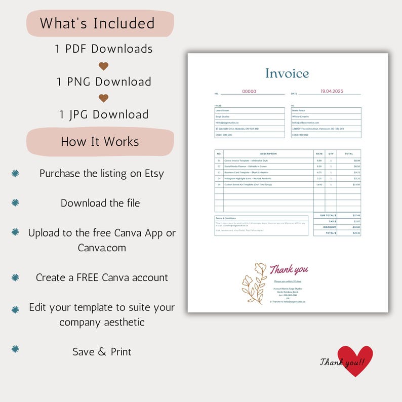 Invoice Template Canva Editable PDF | Instant Download for Small ...