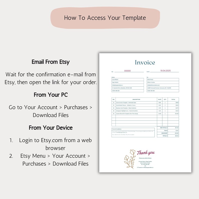 Invoice Template Canva Editable PDF | Instant Download for Small Business, Freelancers and ...