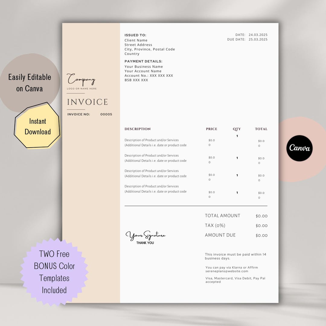 Editable Invoice Template for Small Business - Canva Billing Form for ...