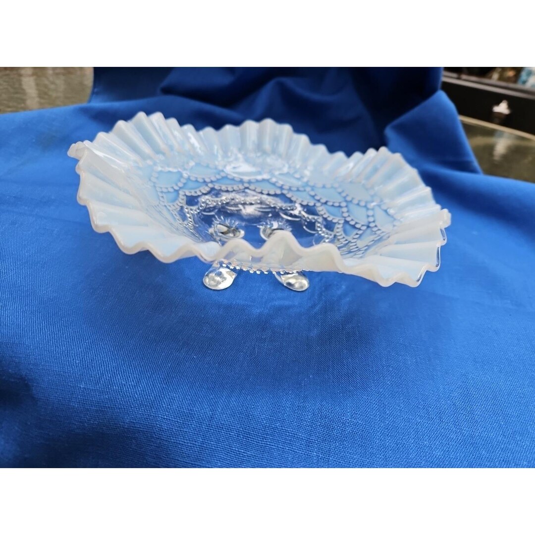 Vintage Opalescent Glass Candy Dish Footed Ruffled Edges Swirl Beaded ...