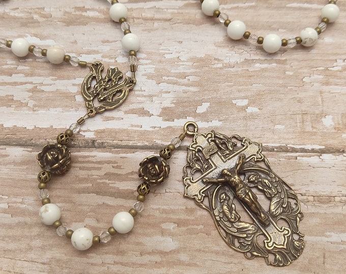 Catholic Rosary - Ave Maria - Praying Angels - White Gemstone Rosary ...