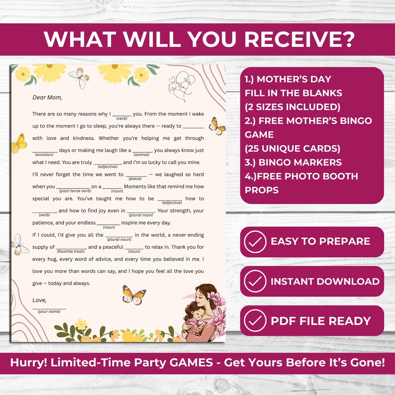 Mother’s Day Fill in the Blanks Game for Kids & Adults + Free Unique ...