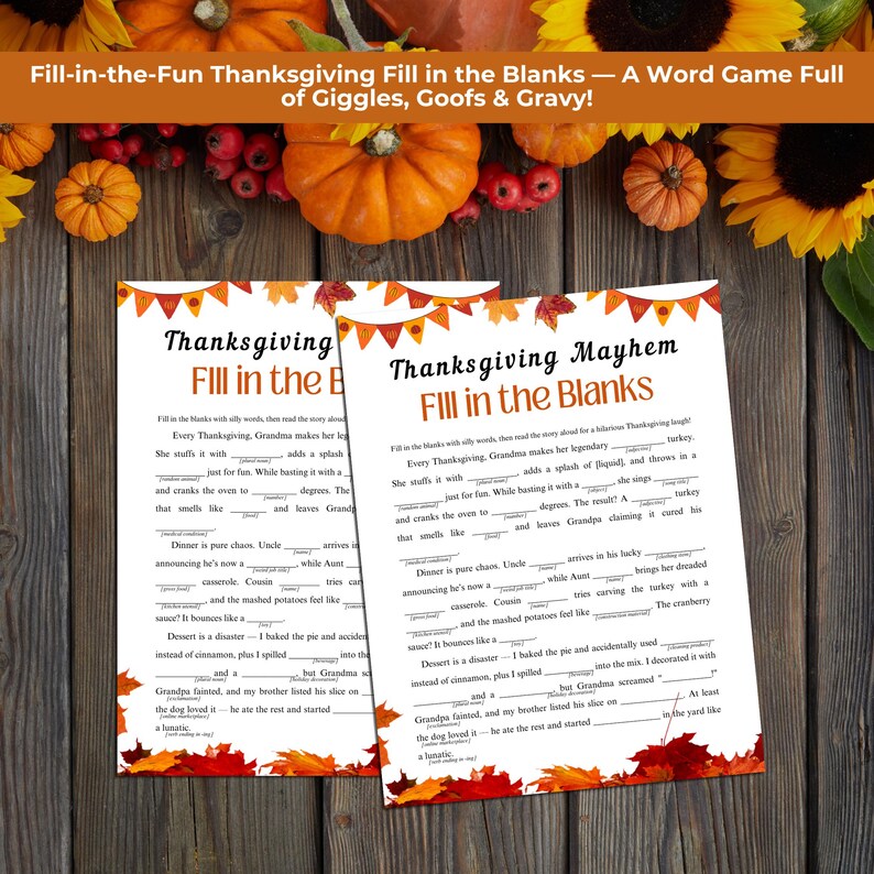 Thanksgiving Fill in the Blanks Game Printable for Kids & Adults Funny ...