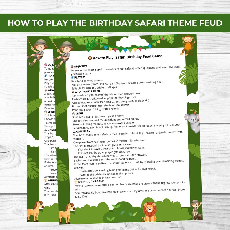 Birthday Friendly Feud Game Printable Safari Theme for Kids Birthday ...