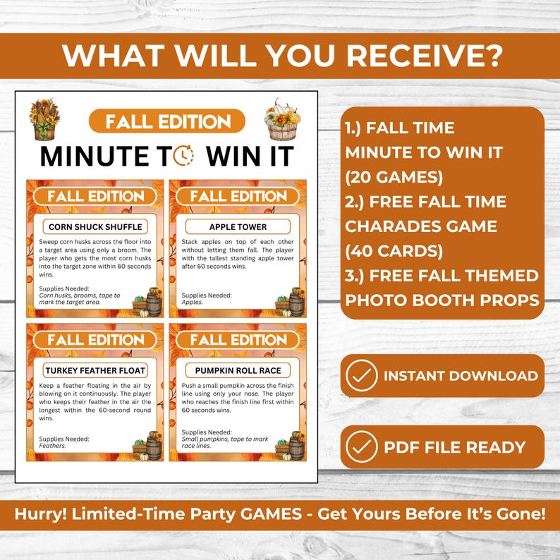Printable Fall Minute to Win It Games for Kids & Adults | Autumn Party ...