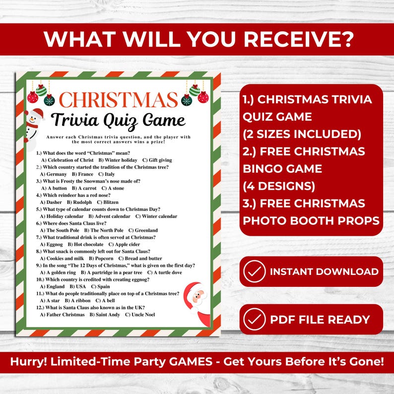 Christmas Trivia Quiz Game Printable for Families, Kids & Adults — Fun ...